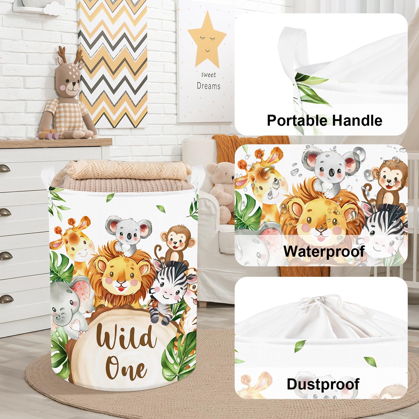 Clastyle 45L Large White Jungle Animals Elephant Kid Laundry Hamper with Handle Collapsible Lion Koala Giraffe Clothes Toy Storage Basket with Lid for Nursery