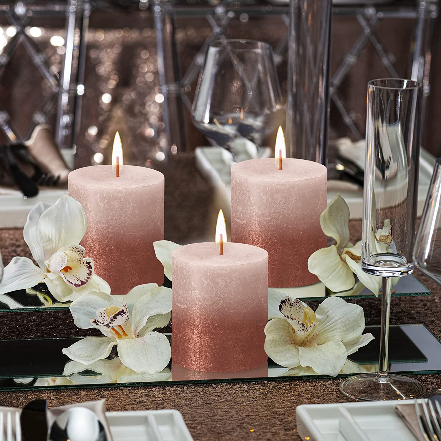BOLSIUS 4 Pack Misty Pink/Amber Sunset Rustic Metallic Pillar Candles - 2.75 X 3.25 Inches - Fine European Quality - Natural Eco-Friendly Plant-Based Wax - Unscented Dripless Smokeless 35 Hour Candles