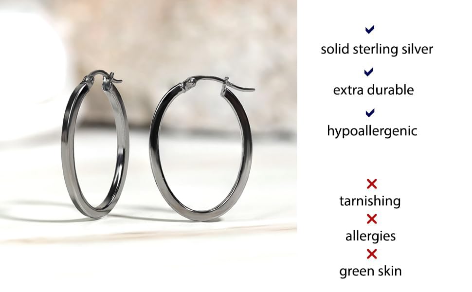 Black Flashed Sterling Silver 2mm Oval Square-Tube Hoop Earrings, 20mm