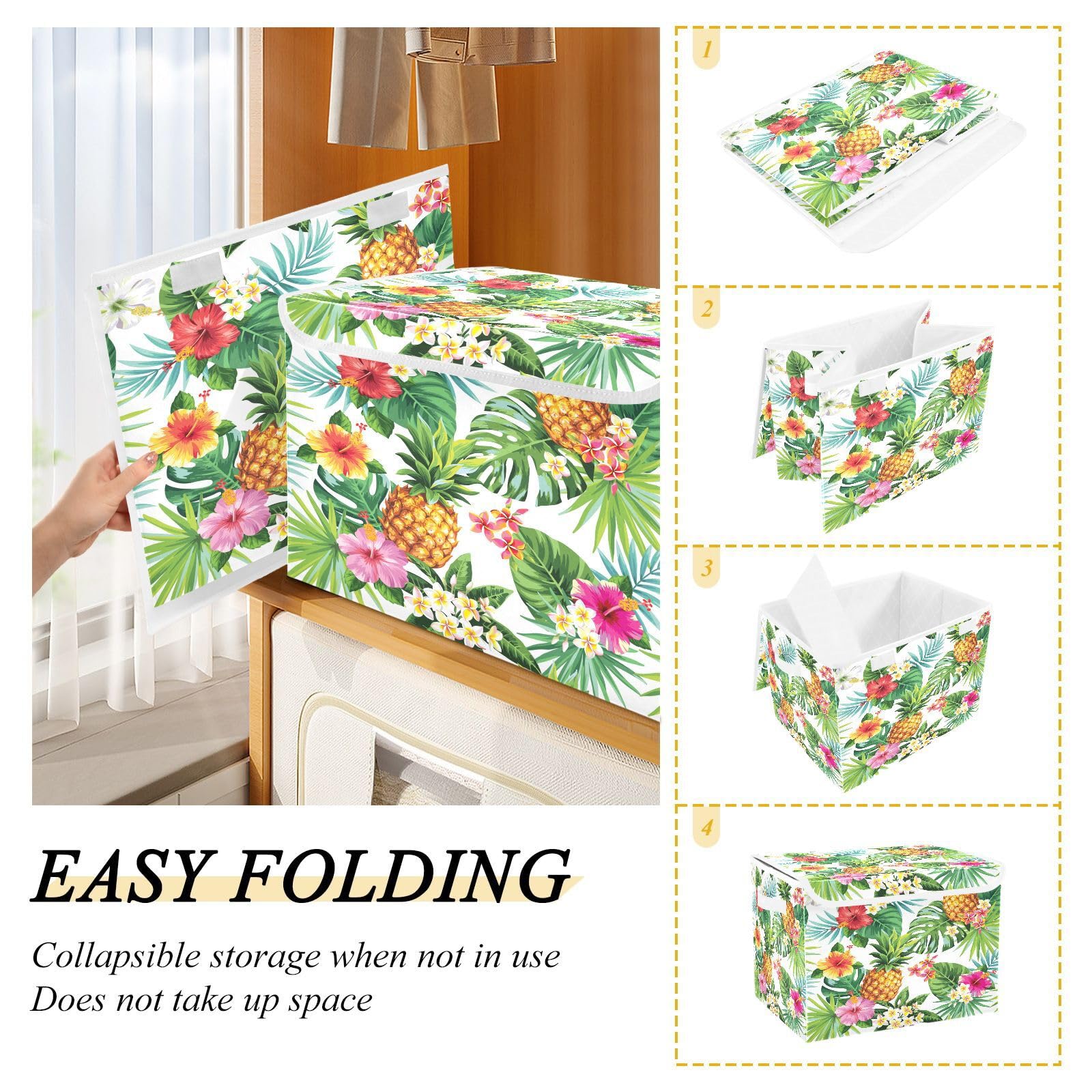 DIGTIA Tropical Pineapple Floral Storage Bins with Lids Large Palm Leaves Summer Storage Basket with Handles Foldable Fabric Storage Box Organizer for Clothes Toys Closet Cabinet Home Office Bedroom