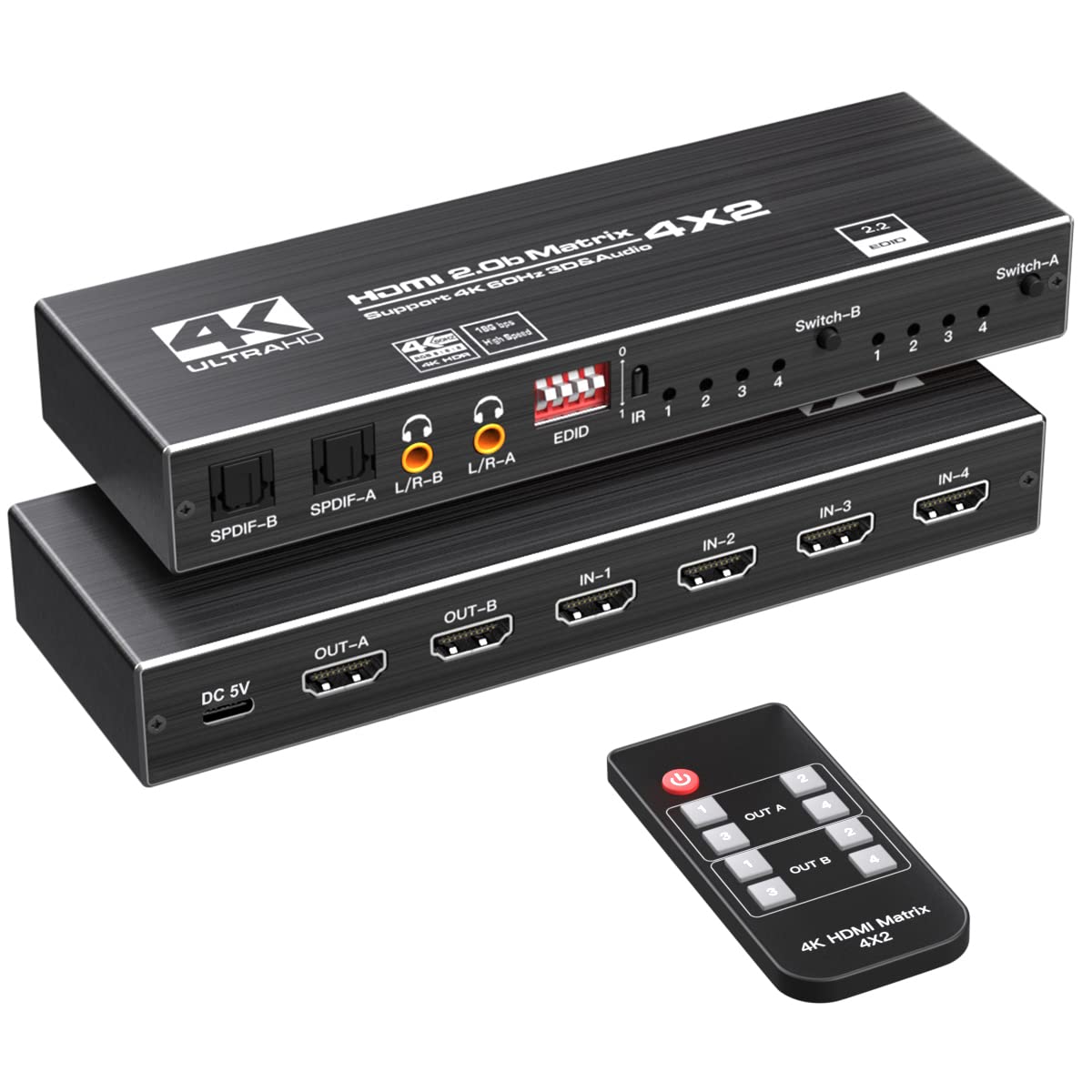 ZPTEK 4K HDMI Matrix Switch 4 X 2,4 in 2 Out Video Switcher Splitter, Optical and LR Audio Outputwith IR Remote Controller,Support 4K@60Hz 3D 18.5Gbps x 3 Data Rate, HDMI 2.0b, HDCP 2.2, MH42-C1