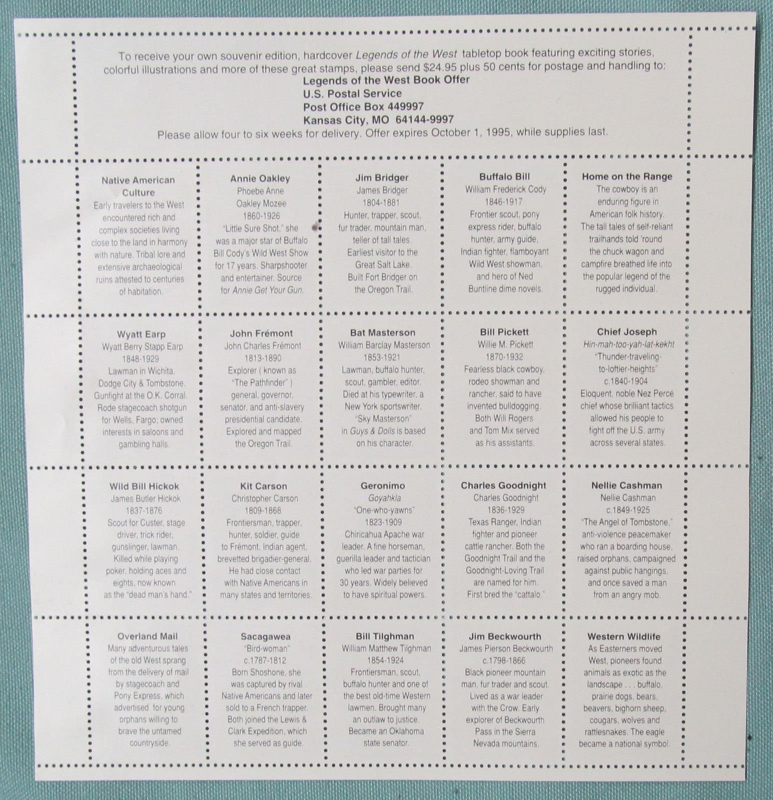 Legends of the West Complete Pane of Twenty 29 Cent Stamps Scott 2869 By USPS