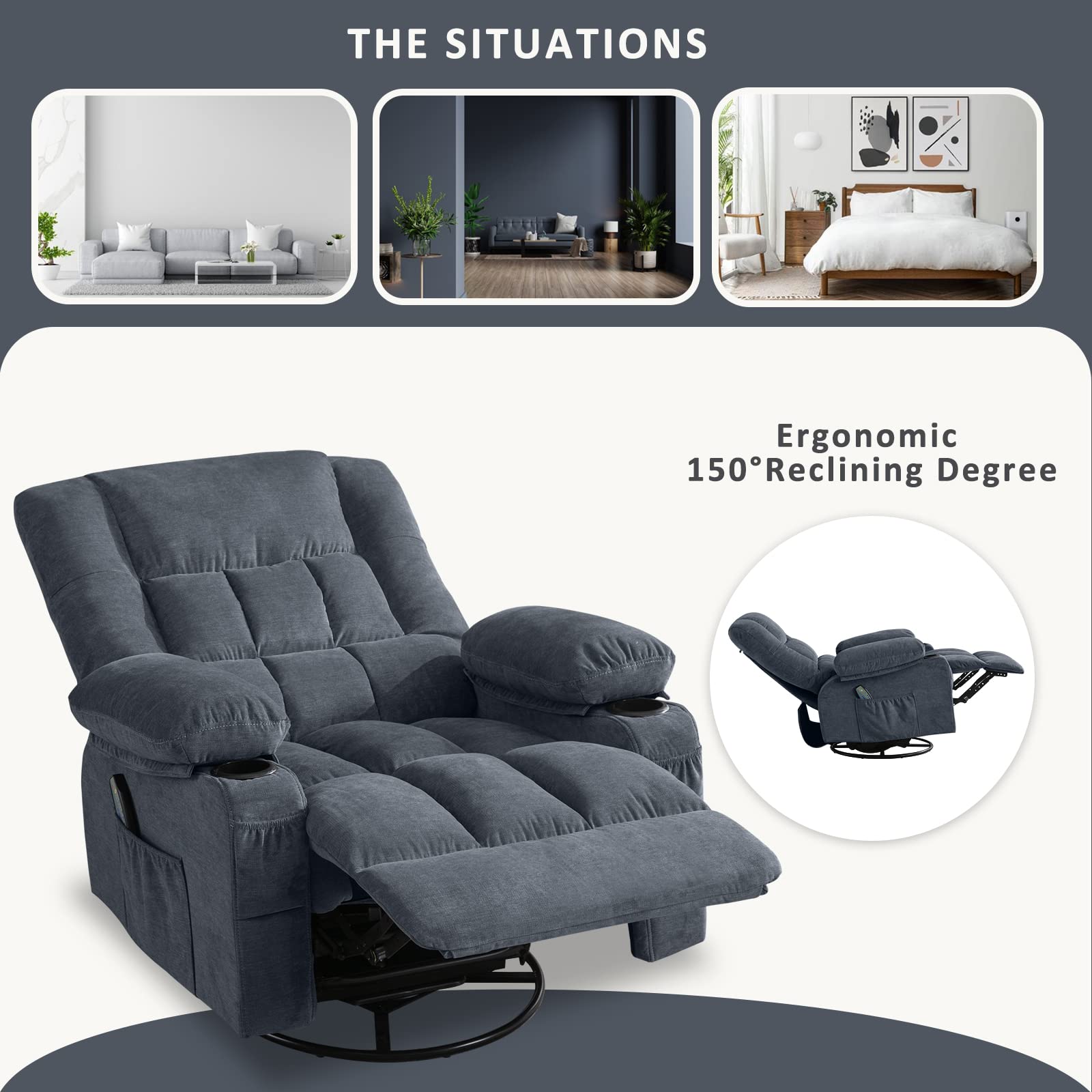 BOSMILLER Massage Swivel Rocker Recliner Chair with Vibration and Heat Ergonomic Lounge for Living Room Rocking Function Side Pocket, 2 Cup Holders, USB Charge Port, Blue