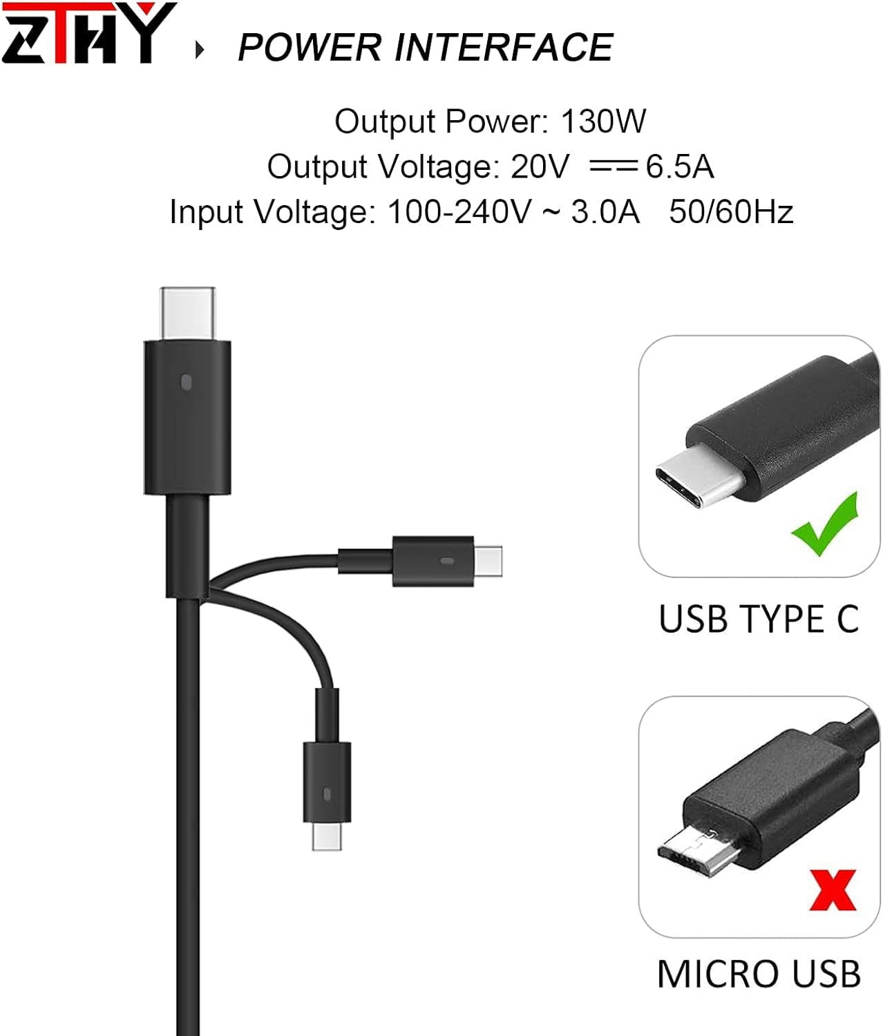 ZTHY 130W USB-C Type-C Laptop Charger Power Supply AC Adapter Replacement for Dell XPS 15 9500 XPS 17 9700 9700 9710 9720 9730 Precision 5750 5760 5770 5560 5550 5520 Latitude 7310 7210 9410 9510