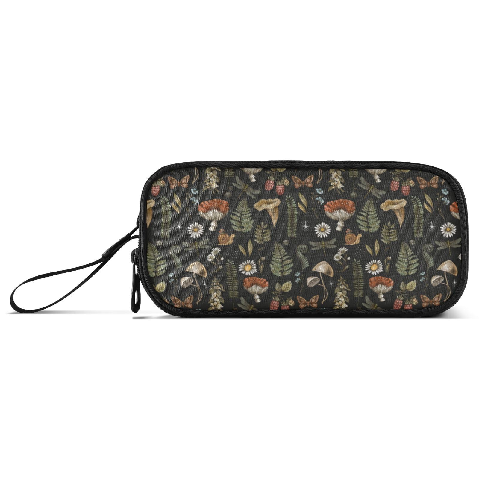 Caikeny Pencil Case Vintage Woodland Mushroom Pen Bag Black Large Capacity Pencil Box Pen Pouch with Zipper Cosmetic Organizer for Kids Teens Adults