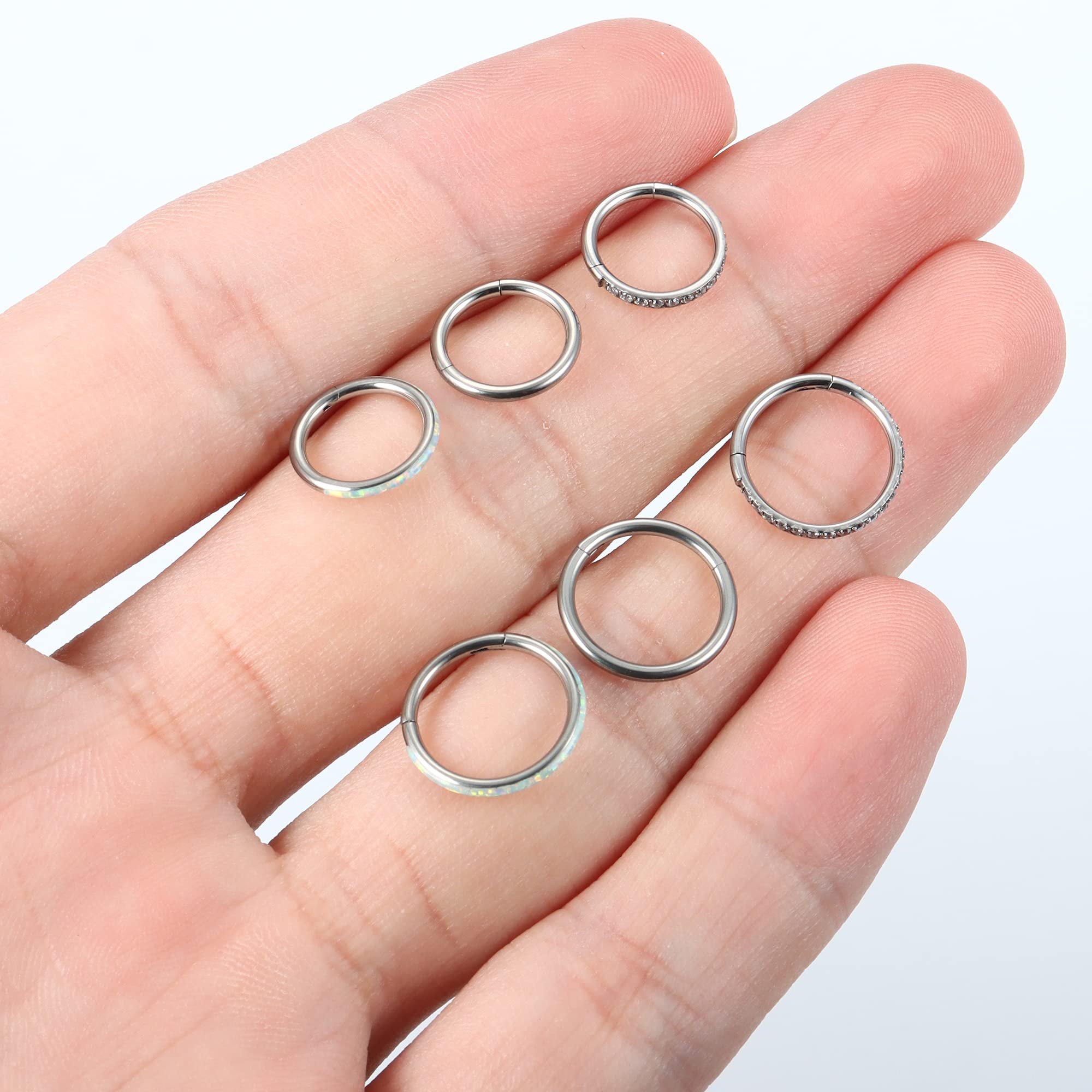 CASSIECA 18G 16G Titanium Nose Ring Hoops for Women CZ Opal Clicker Hinged Segment Septum Lip Nose Rings Helix Cartilage Conch Daith Rook Piercing Jewelry 8mm 10mm