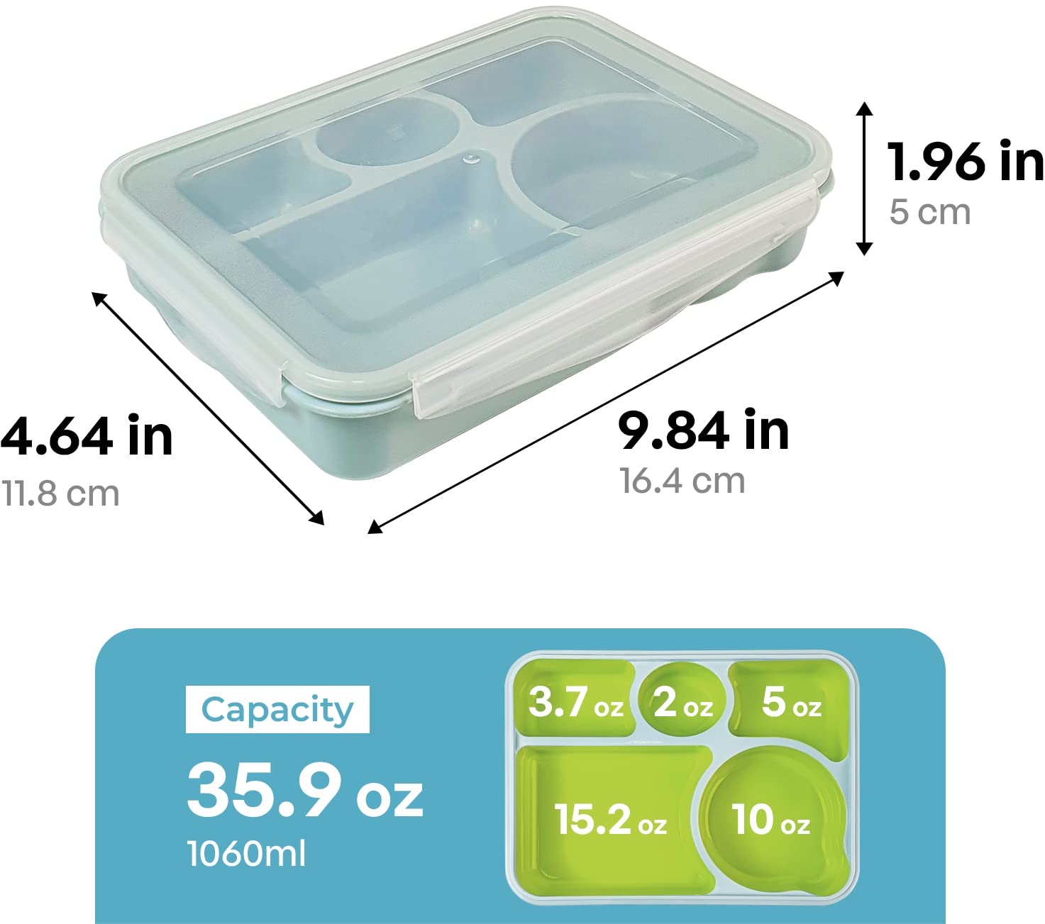 carrotez Portion Control Plate, Microwave Food Storage Tray, 5 Compartment Divided Plate with Lid, Top Rack Dishwasher Safe, BPA Free