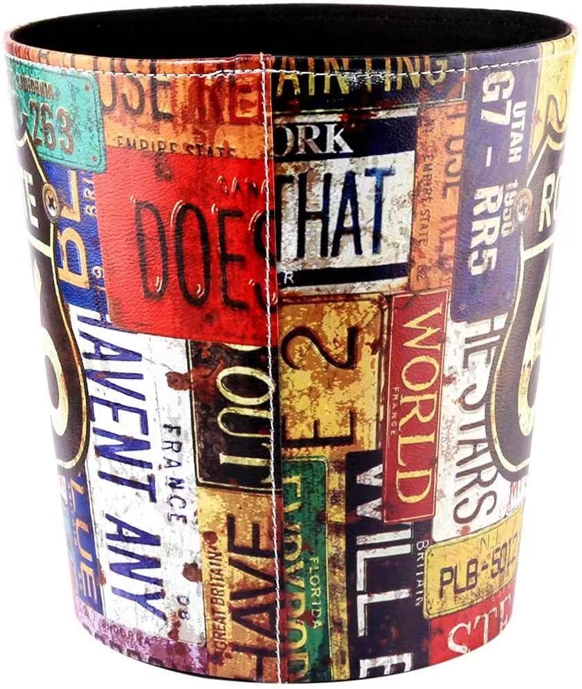 DUCHAOXIAN Leather Trash Can10L/2.64 Gallon,Waterproof Without Cover for Kitchen Yrash Cans,Bedroom Trash Can,Office Trash Can,Bathroom Garbage Can- Route 66 Trash Can