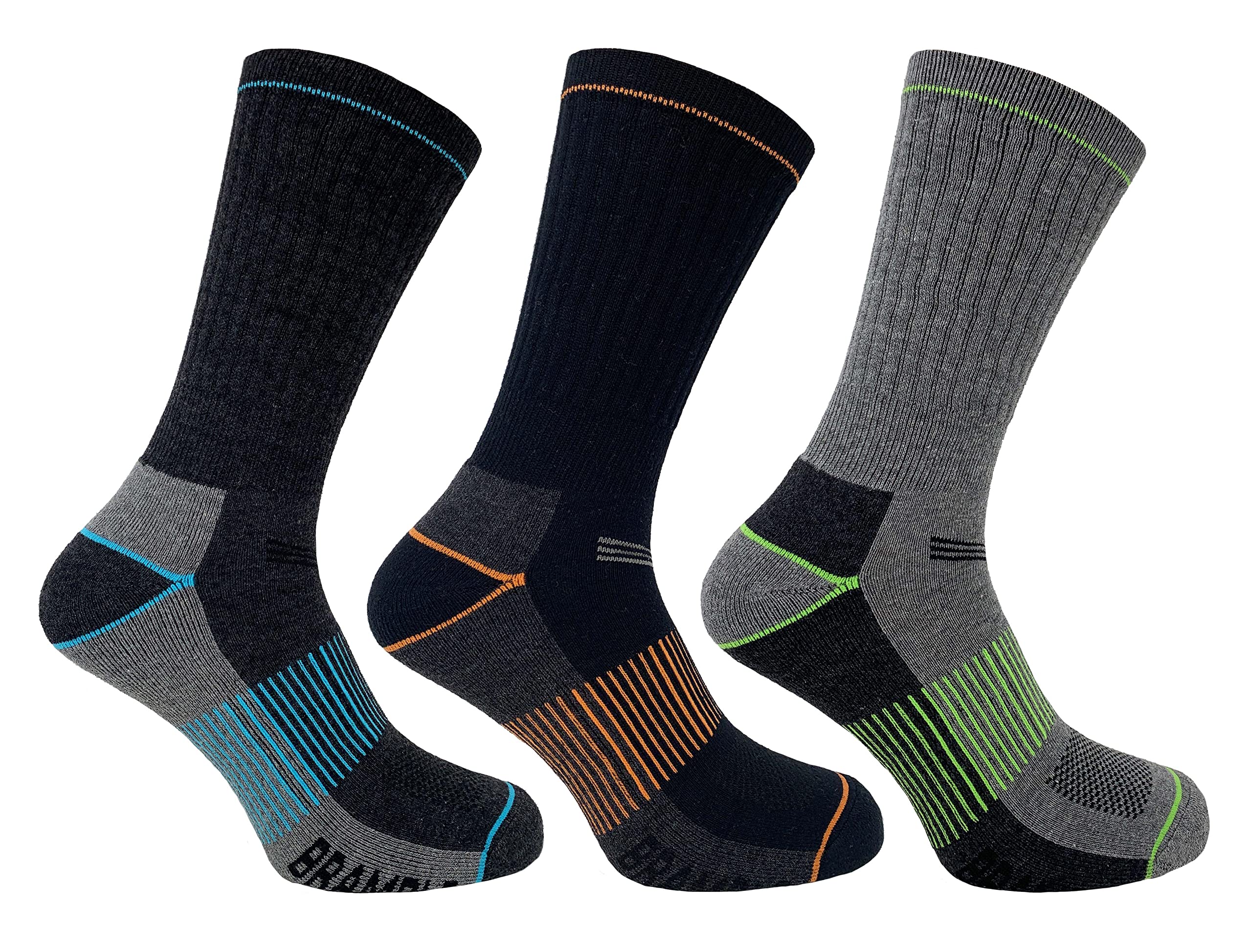 Bramble Mens light weight hiking boot socks | 3 Pairs | U.K. Size 6-11 | Grey/ Neon walking socks, Outdoor all year comfort hiking boot socks, activity socks