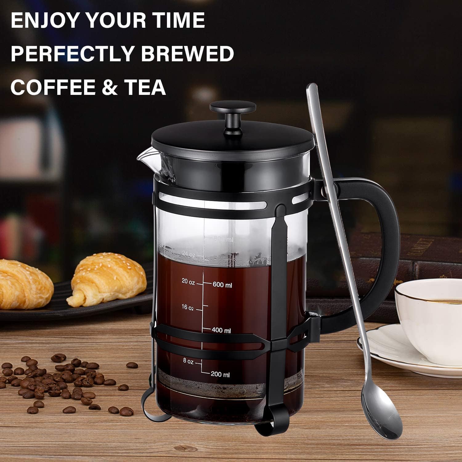 French Press Coffee Maker (34 oz) with 4 Filters - 304 Durable Stainless Steel,Heat Resistant Borosilicate Glass Coffee Press,BPA Free,Black(include 1 cleaning brush,1spoon and 2 spare filter screen
