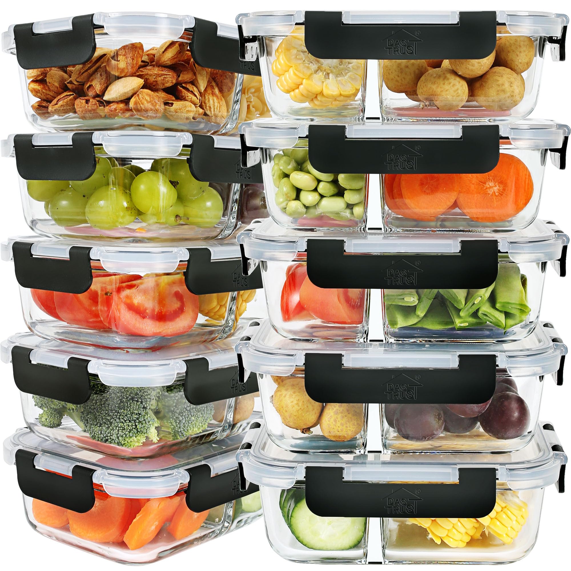 DAS TRUST 10 Pack Glass Meal Prep Containers Bowls Glass Food Storage Containers Glass Food Prep Containers with Lid Meal Prep Lunch Bento Box Reusable Container for Food