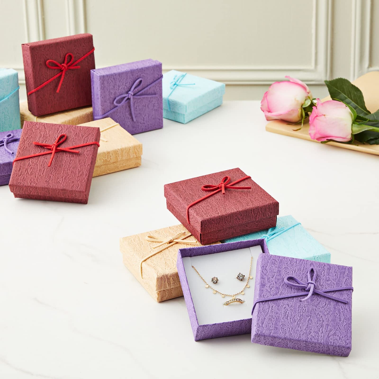 Bright Creations Jewelry Gift Boxes with Lids, Ribbon Bow (3.5 x 3.5 x 1 in, 4 Colors, 12 Pack)