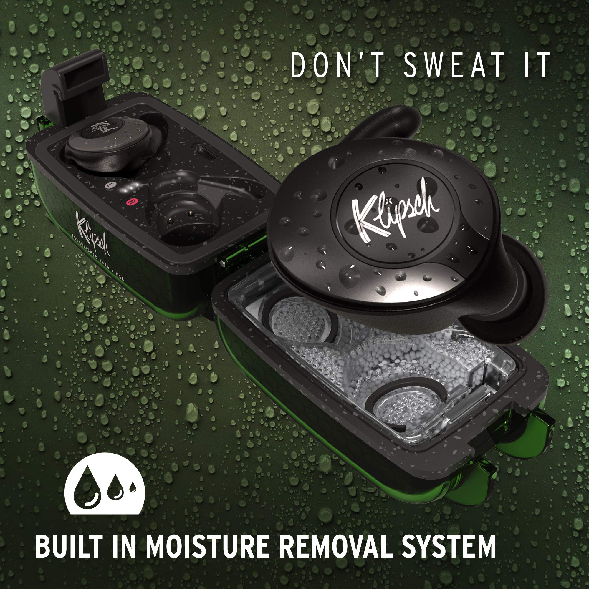 Klipsch T5 II True Wireless Sport Earphones in Green with Dust/Waterproof Case & Earbuds, Best Fitting Ear Tips, Ear Wings, 32 Hours of Battery Life, and Wireless Charging Case