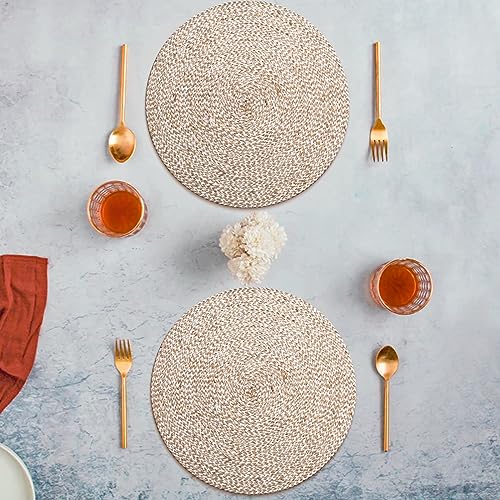Hausattire Jute Braided Placemats 14 Inches Round - Off White, Farmhouse Reversible Woven Mats for Kitchen & Dining Table, Perfect for Indoor & Outdoor Use - (Set of 4)