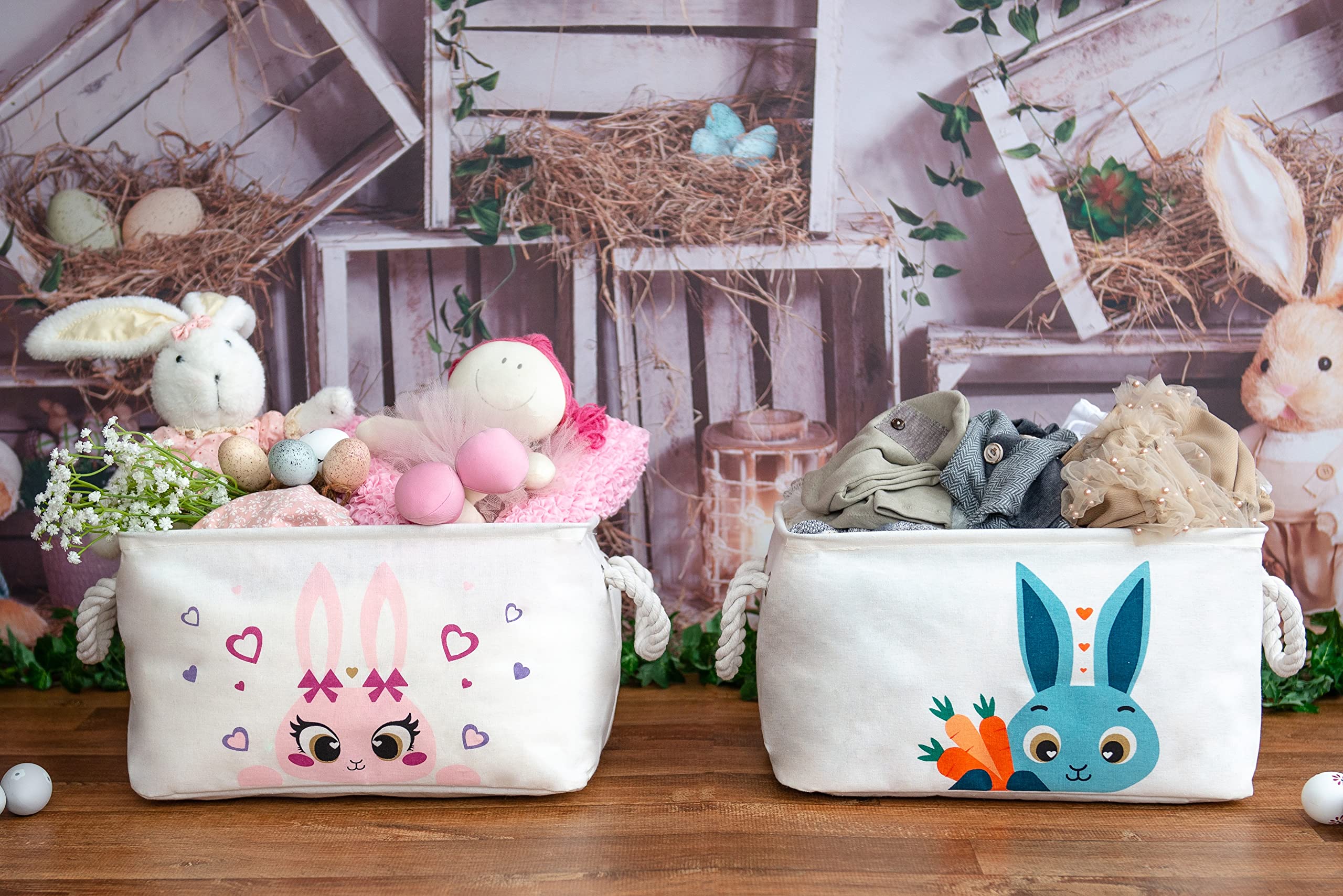 Kazulo Pink Bunny Easter Basket For kids, Rectangle Rabbit Basket, Easter Basket for Girls, Egg Hunt Bag For Boys and Girls,, Kids Easter Basket, Bunny Basket (Pink Bunny)