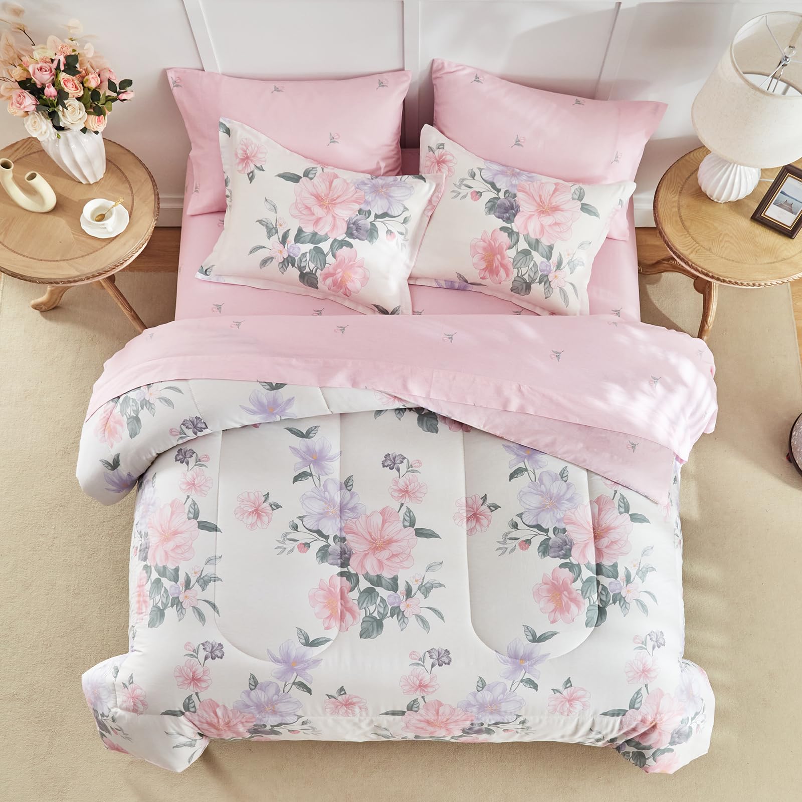 Botanical Bed in a Bag 7 Pieces King Size Cotton Comforter Sheet Set Gray Flowers Leaves Bedding Set (1 Comforter 2 Pillow Shams 1 Flat Sheet 1 Fitted Sheet 2 Pillowcases)