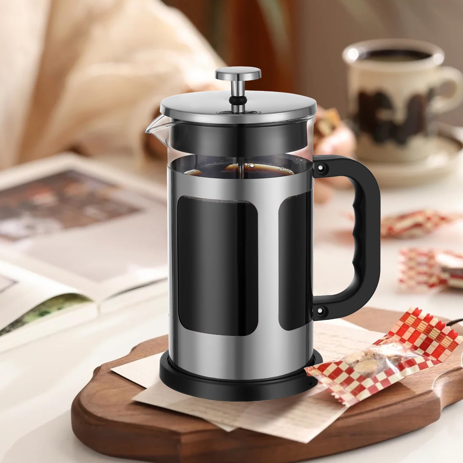Dircolz French Press Coffee Maker -(21oz) 304 Stainless Steel with 4 Filters System, Heat Resistant Thickness Borosilicate French Press Glass, BPA-Free Brewed Tea Pot Coffee Plunger(Silvery)