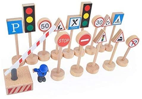 Kaptin 15 Pcs Wooden Street Signs Playset, Traffic Signs Lights Playset for Children Play