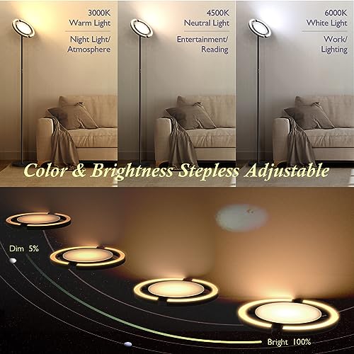 FIMEI Floor Lamp, Modern Bright Standing Lamp with Split Rotatable Outer Ring Light, 3 Color Temperature and Stepless Dimming, Remote/Touch Independent Control for Living Room Bed Room Office, Black
