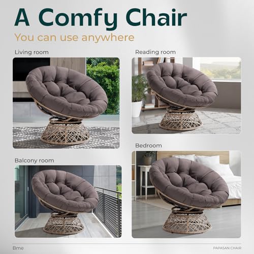 Bme 40" Ergonomic Wicker Papasan Chair with Soft Thick Density Fabric Cushion, High Capacity Steel Frame, 360 Degree Swivel for Living, Bedroom, Reading Room, Lounge