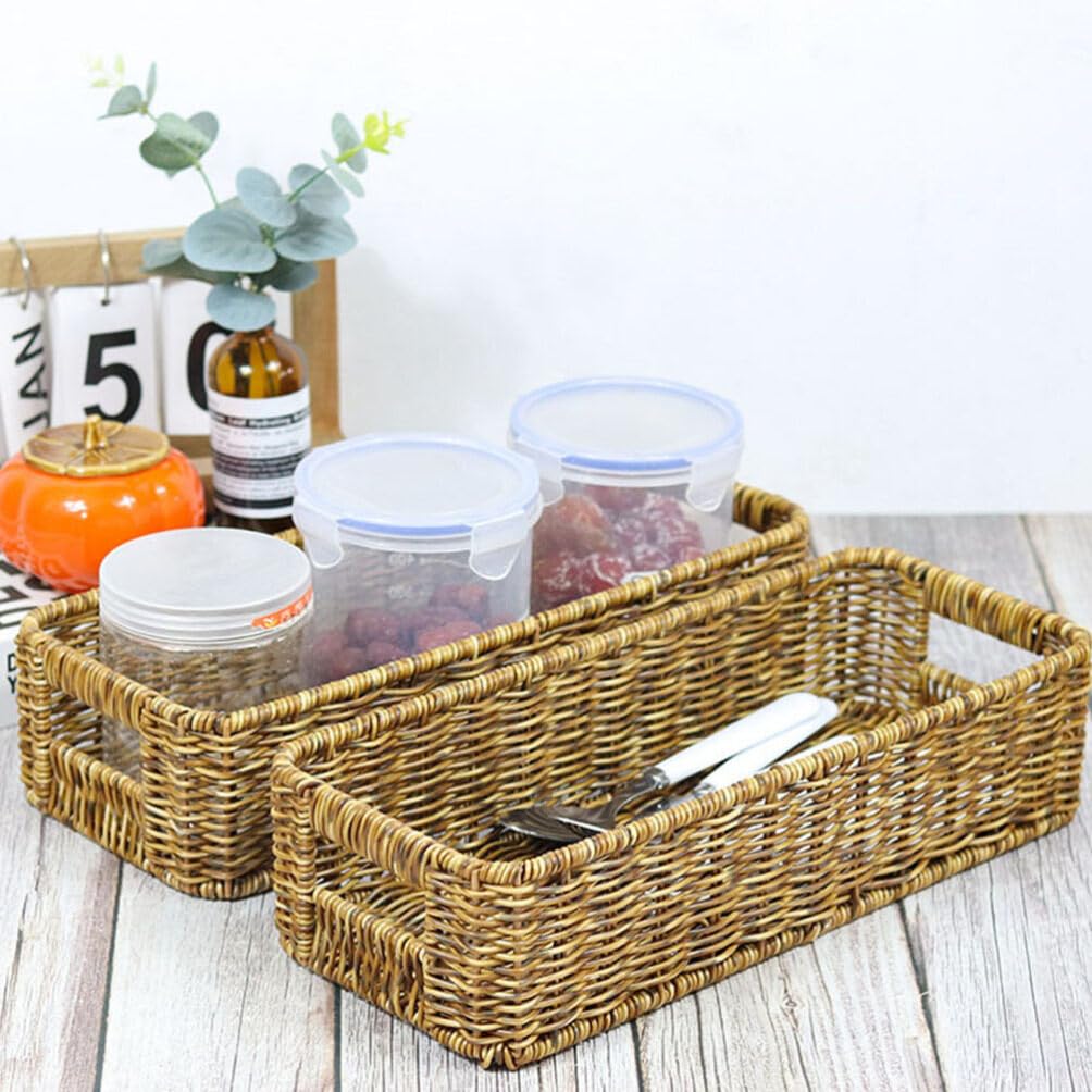 BESTonZON Plastic Woven Storage Basket Rattan Kitchen Cutlery Holder Stand Silverware Basket Kitchen Utensil Drawer Organizer Farmhouse Serving Basket for Kitchen Office