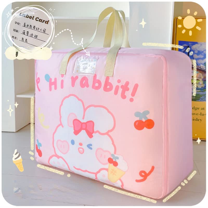 Kawaii Water Resistant Thick Over Size Storage Bag, Cute Aesthetic Cartoon Print Folding Organizer Bag, Under Bed Storage Carrying Bag with Reinforced Handle for Bedding Comforters (Pink,Large)