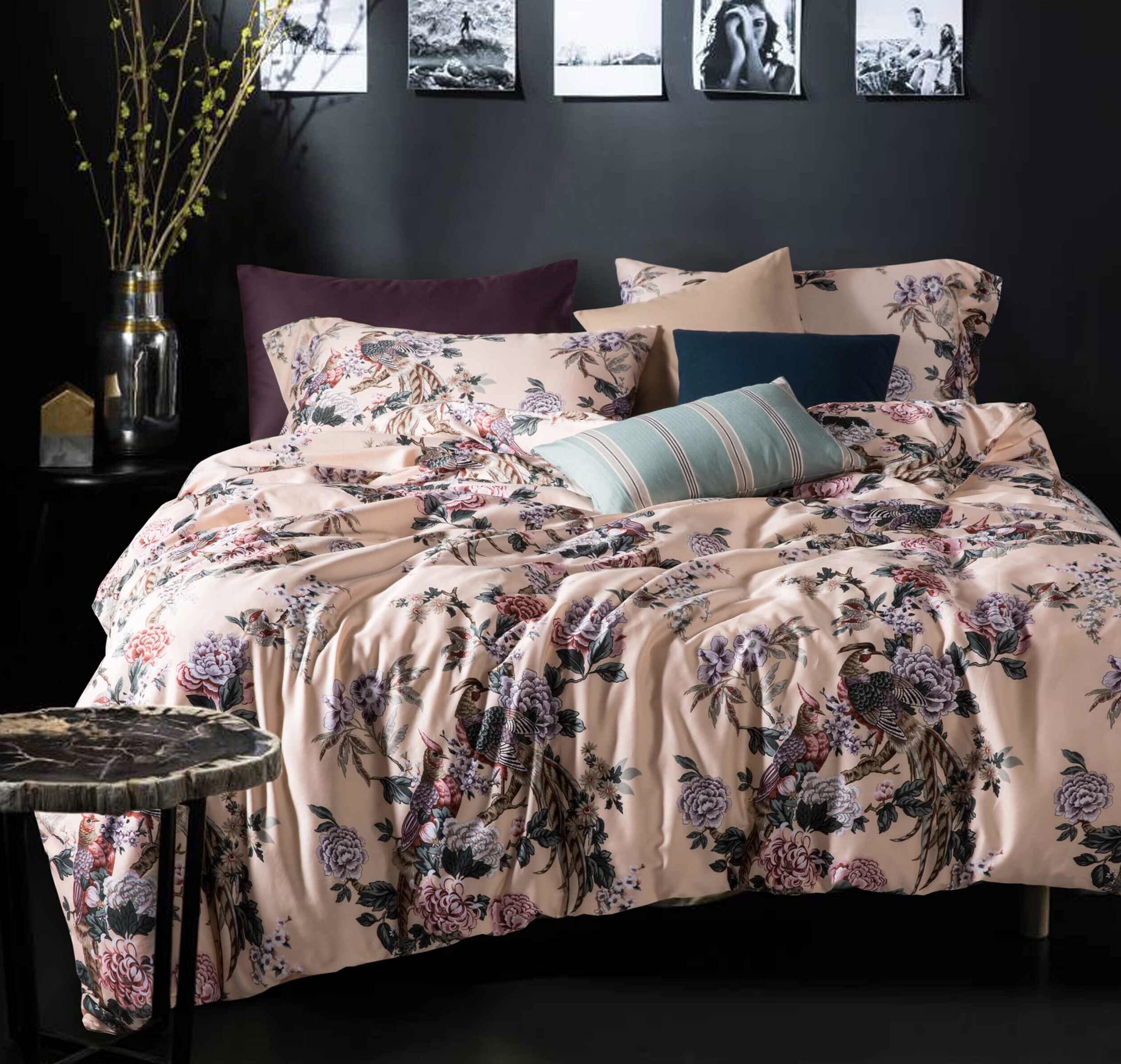 Eikei Home Chinoiserie Chic Peacock Floral Duvet Cover Paradise Garden Botanical Bird and Tree Branches Vintage Stylized Long Staple Cotton Bedding Set (Pastel, Queen)