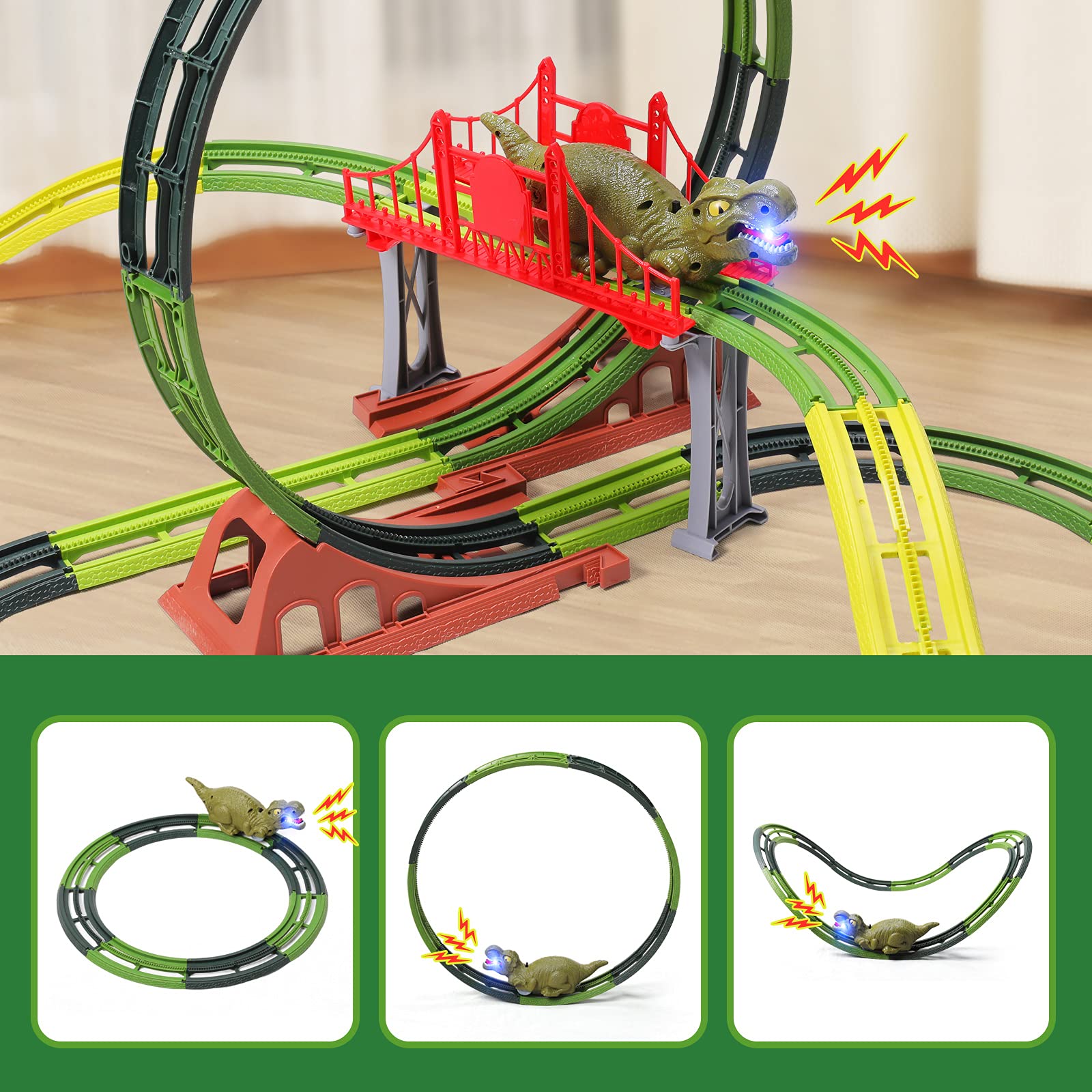 πππ πππππ ππ ππππππ Dinosaur Race Track Train Toys, Flexible Dinosaur Train with LED Roaring Lights, Dino Toys & Dino Eggs, 3 Year Old Boy Birthday Gift