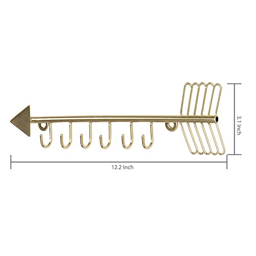 MyGift Brass Metal Arrow Jewelry Organizer, Wall Mounted Necklace Bracelet Hanging Rack with 6 Hooks
