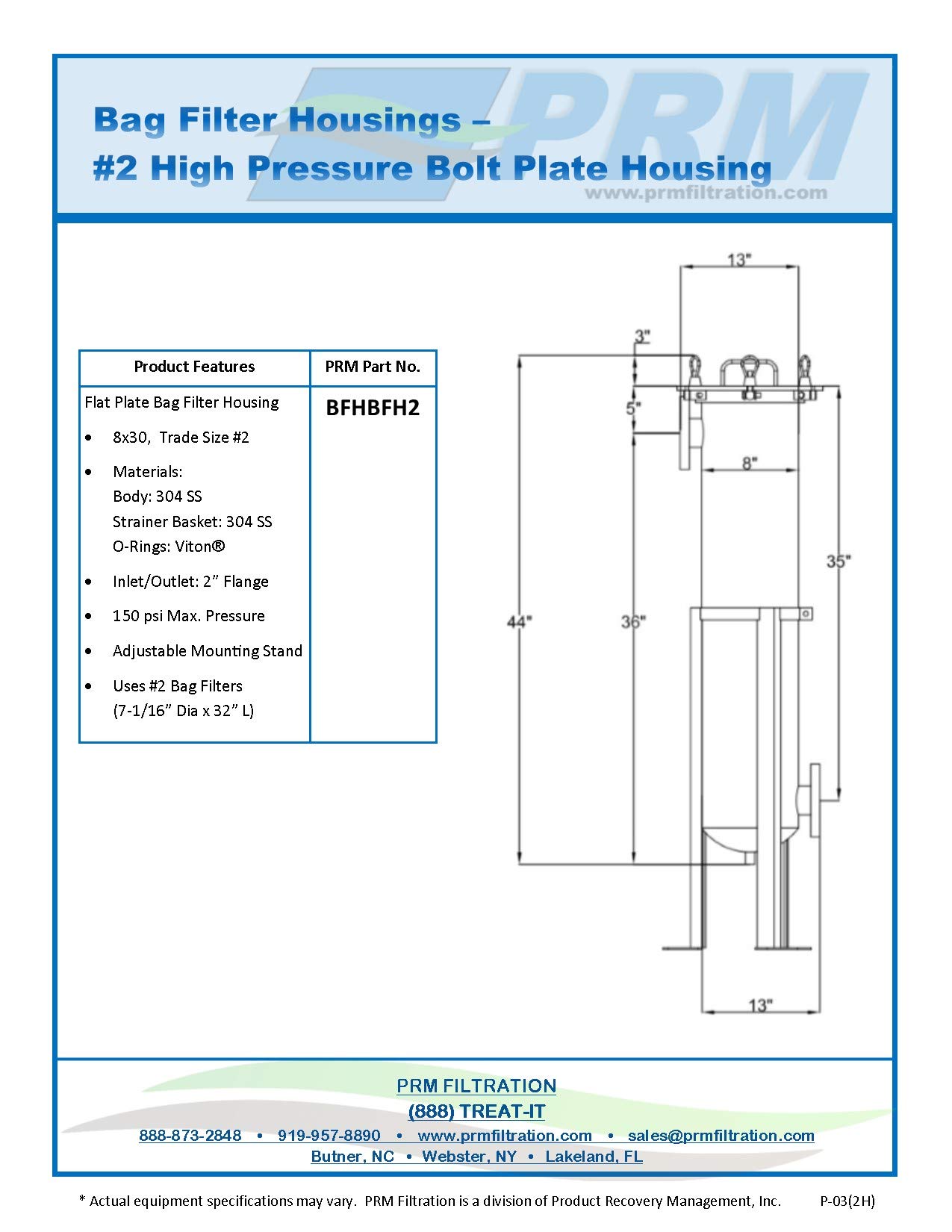 PRM 304 Stainless Steel Bag Filter Housing, #2 Size, 2 Inch Flange Inlet/Outlet, 150 PSI Max. Pressure, Bolt Plate Top