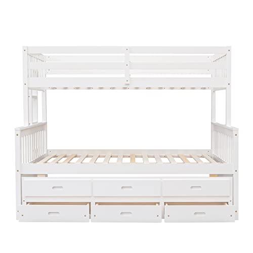 Harper & Bright Designs Twin Over Full Bunk Bed with Twin Size Trundle and 3 Storage Drawers, Separable Bunk Beds Twin Over Full Size, Wood Bunk Bed Frame for Kids Teens Boy & Girls (White)