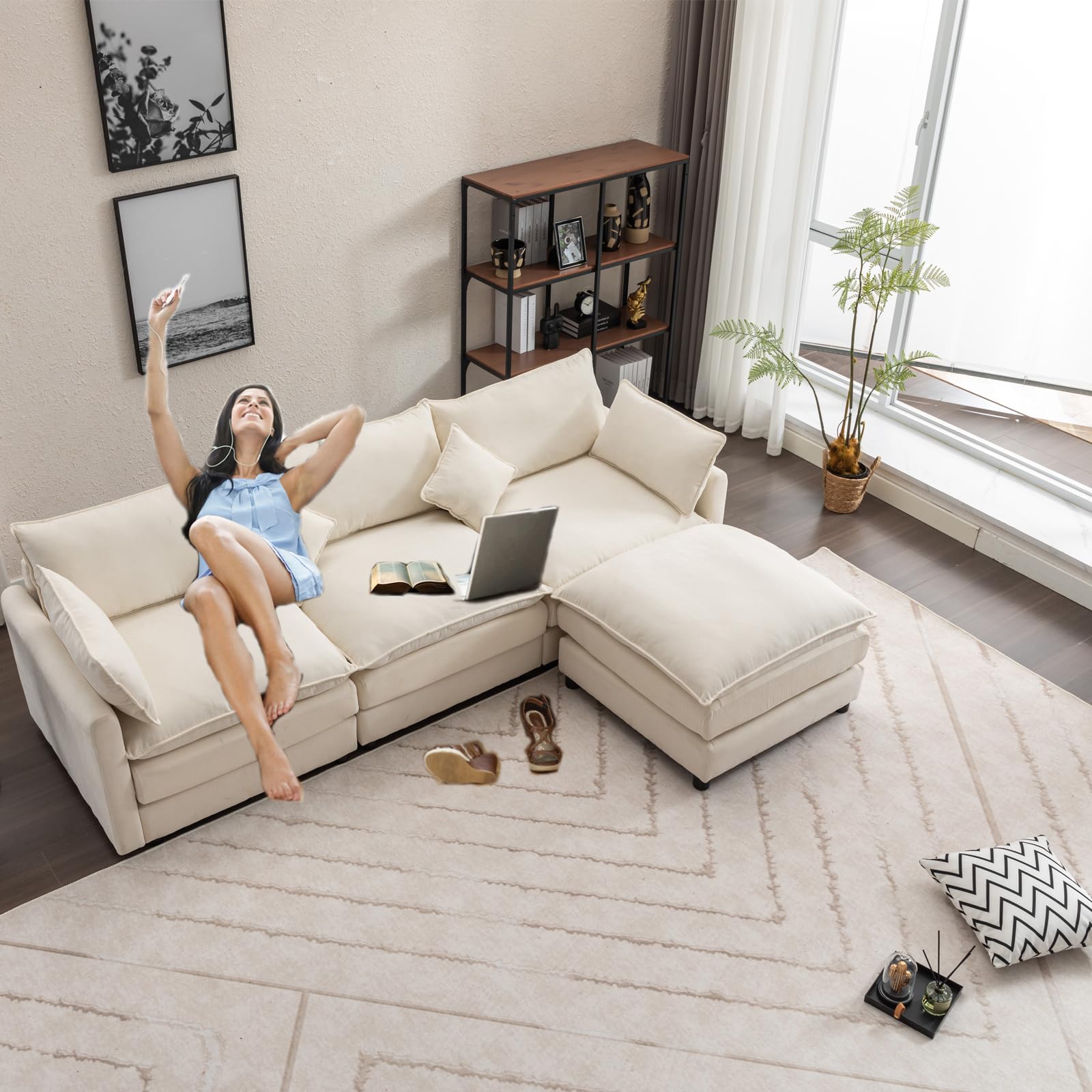 Deep Seat Sectional Sofa Cloud Couch with Movable Ottoman, 101.8" Modern Chenille Comfy Upholstered Modular Sofa L Shaped Couch for Living Room, Apartment, Office (Beige)