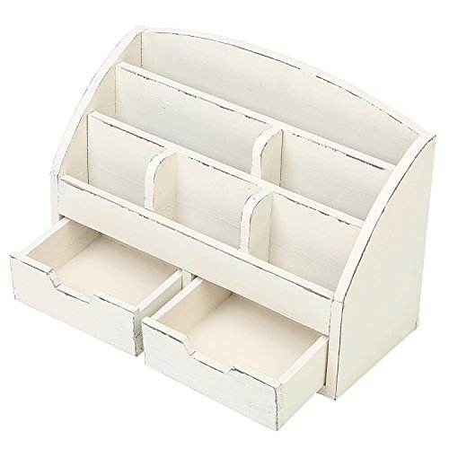 MyGift White Wood Desktop Organizer - Includes 6 Compartments and 2 Pullout Drawers to Organize Office Supplies and Accessories