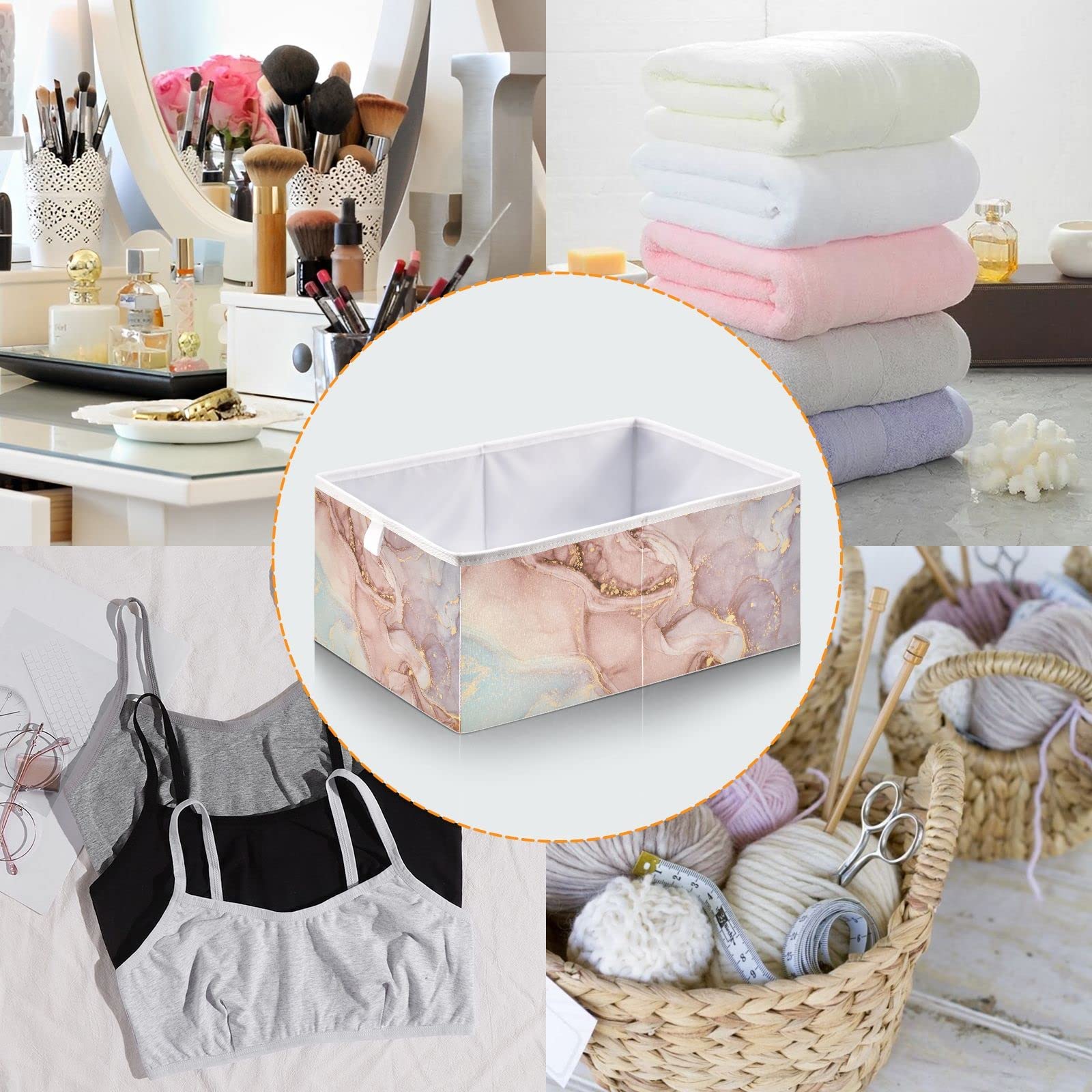 Joisal Gold Pink Marble Texture Storage Basket Foldable Cube Storage Bins with Full Print Design for Home Organization, Toy Organizers and Storage Bins