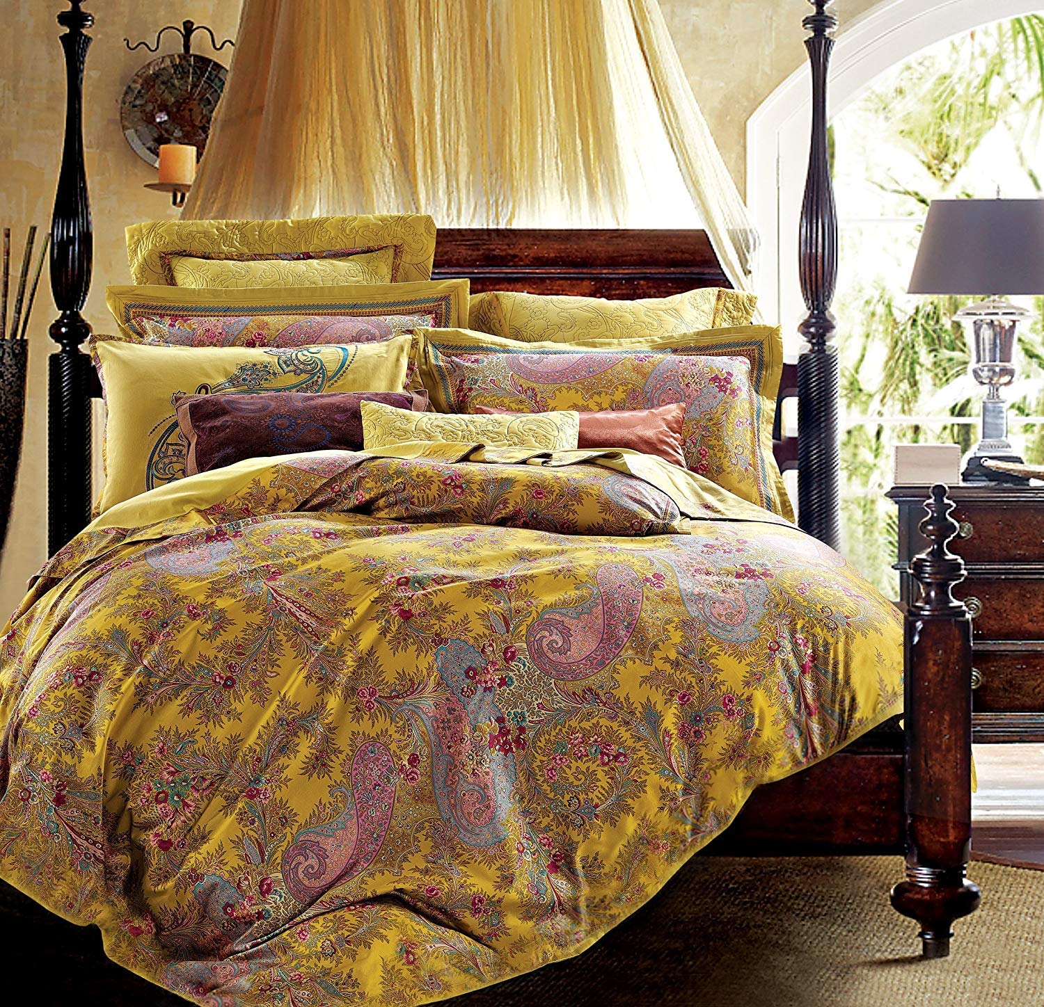 Eikei Vintage Botanical Flower Print Bedding 400tc Cotton Sateen Romantic Floral Scarf Duvet Cover 3pc Set Colorful Antique Drawing of Summer Lilies Daisy Blossoms (Queen, Mustard)