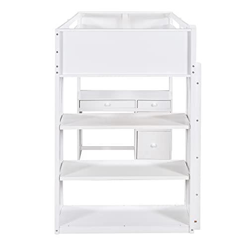 Harper & Bright Designs Twin Loft Bed with Desk and Bookshelf, Solid Wood Loft Bed Frame with Storage Drawers, 14.6" Height Full Length guardrail, for Kids Teens Adults (Twin Size, White)