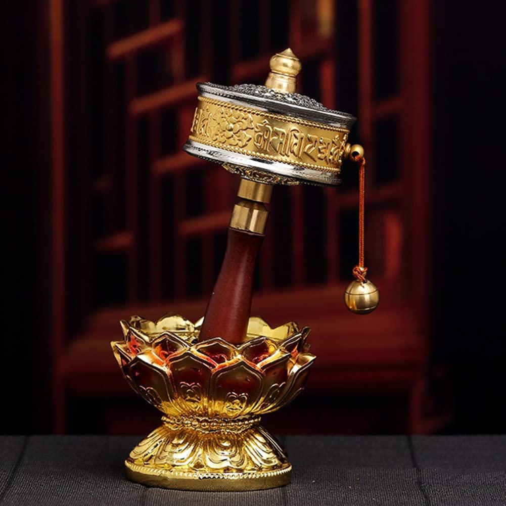 Prayer Wheel with Lotus Base, Tibetan Buddhist Copper Hand Held Prayer Wheel with Kālacakra Mantra Scroll, Premium Buddha Religion Scriptures Prayer Wheel for Relaxing, Praying, Meditation, Healing