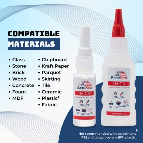 BondXtra Thick Viscosity 8 oz. Premium CA Glue for Woodworking with Extra Bottles, Caps and Microtips, Super Glue Kit for Woodturning, Plastic, Wood and DIY Craft