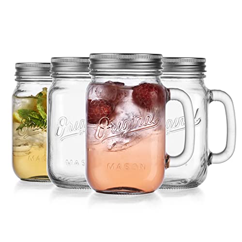 Mason Jar 16 Oz. Glass Mugs with Handle and Lid Set Of 4 - Home Essentials & Beyond - Old Fashioned Drinking Glass Bottles Original Mason Jar Pint Sized Cup Set.