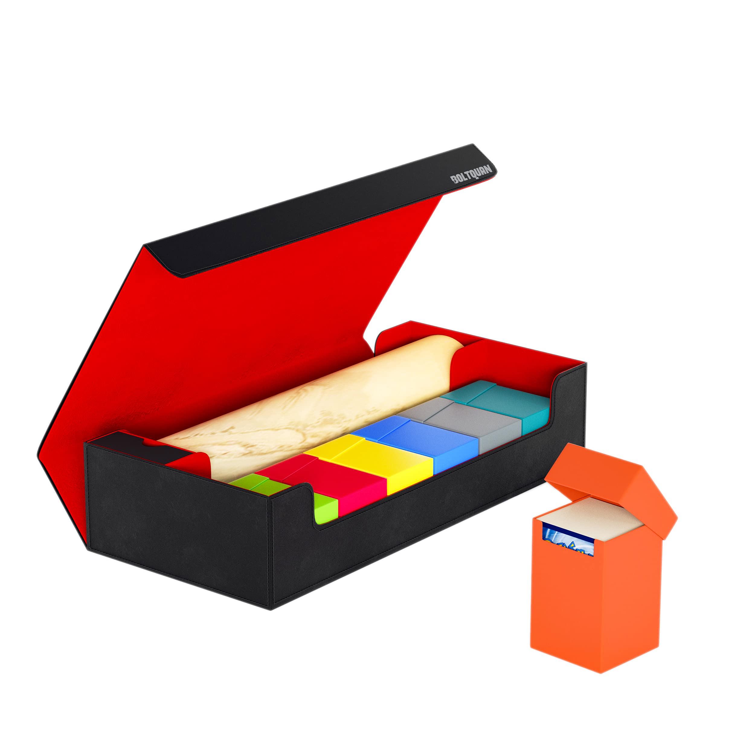 Premium Card Game Deck Storage Box and Playmat Case - Holds 550+ Double Sleeved Cards - YugiOh/MTG Card Holder Storage Case - Game Card Box with Mat Case and Removable Compartment (Black-Red)