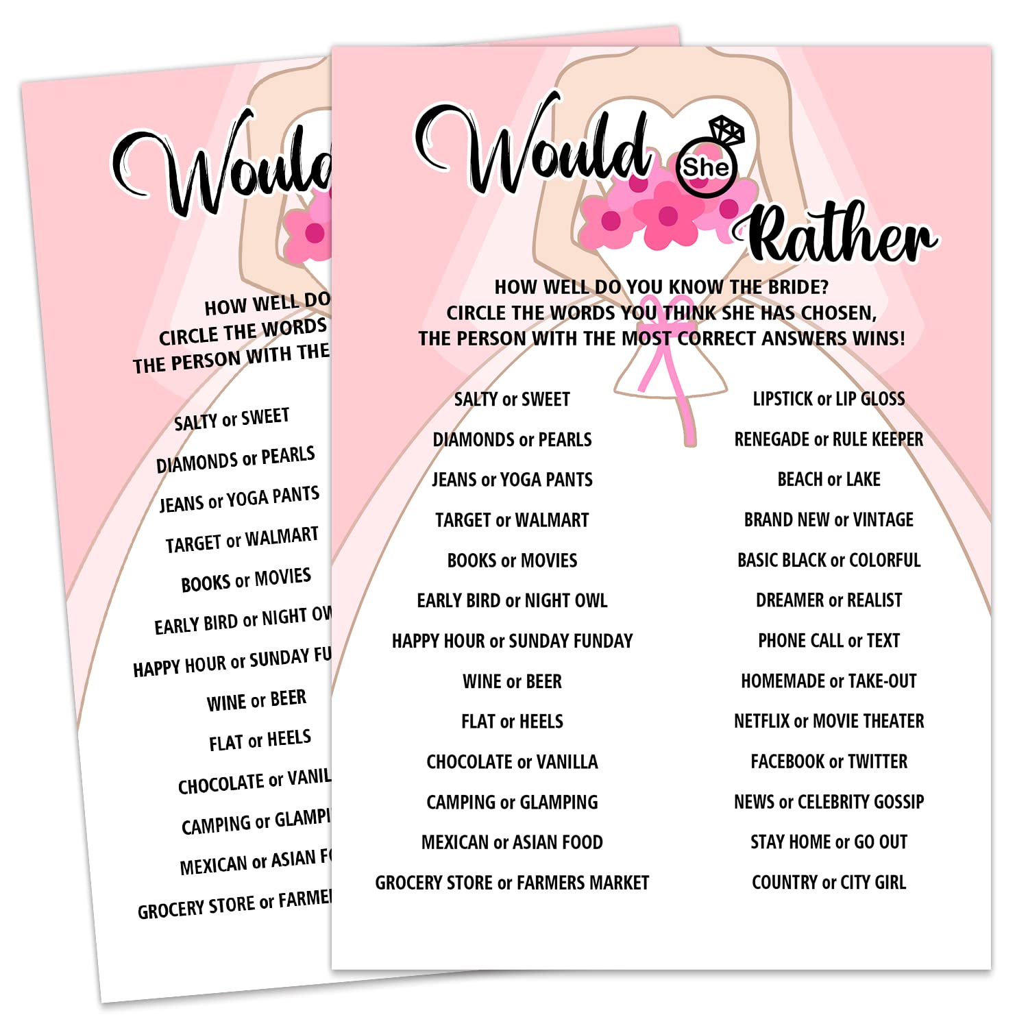Bridal Shower Game Cards, Would She Rather Game,Wedding Party Games, Bridal Shower Decorations, Gift – 20 Cards per Set- Fun, Unique and Easy to Play