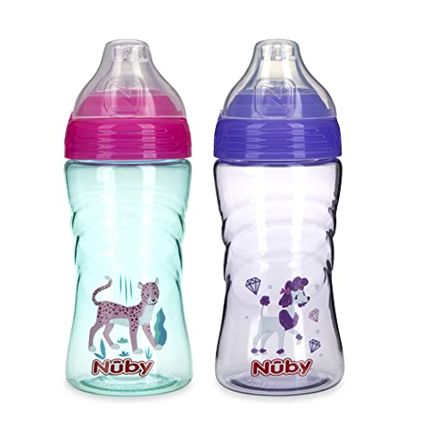 Nuby 2 Pack No Spill Printed Thirsty Kids No-Spill Sip-it Sport Cup with Soft Spout and Lid - 12oz, 12+ Months,2 Count(Pack of 1),Print May Vary
