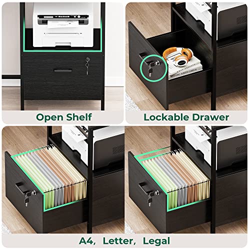 Huuger L Shaped Desk with Power Outlets & LED Lights, Reversible Computer Desk with Storage Shelves & File Cabinet, Corner Desk Home Office Desk, Black