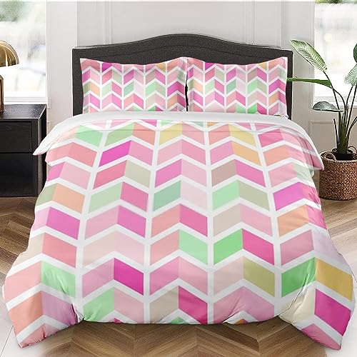 Duvet Cover King Size, Rainbow Colorful Geometric Pink Bedding Set with Zipper Closure for Kids and Adults, Zig Zag Modern Comforter Cover with 2 Pillow Shams for Bedroom Bed Decor