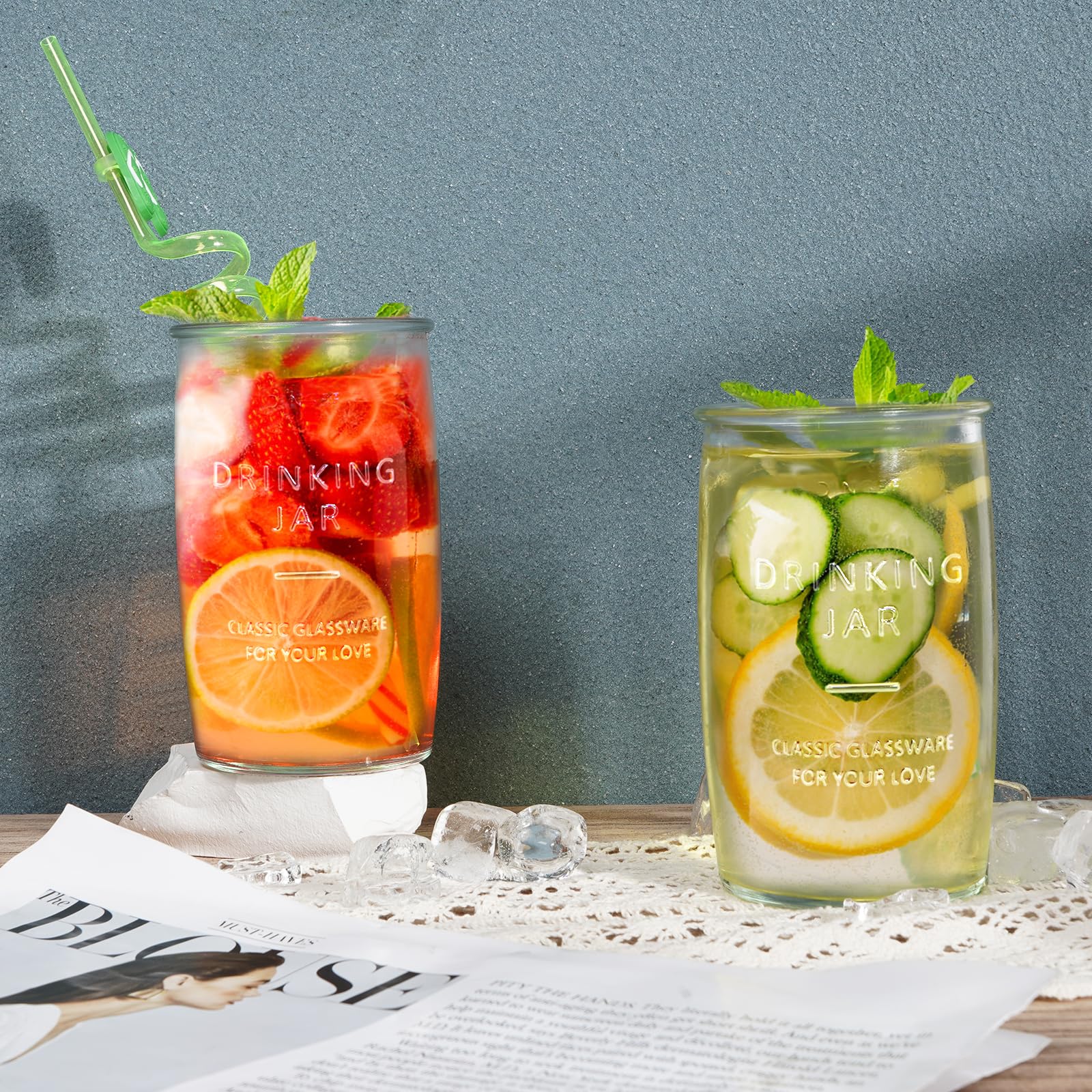 Dingerjar 20 OZ Glass Cup Set of 6, Elegance Modern Simplicity Drinking Glasses Tumblers for Cold Drinks, Cocktails, and Beverages.