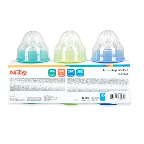 Nuby 3 Pack Non-Drip Wide Neck 8oz Vari-Flow Bottles, Soft Silicone Nipples, BPA Free, 0+M, Blue, Green, Aqua