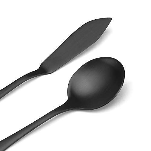 Matte Black Serving Set,SHARECOOK 5-Piece 18/0 Stainless Steel Large Hostess Set with Round Edge, Satin Finished, Dishwasher Safe -Spoons, Forks,Butter Knife& Slotted Spoon