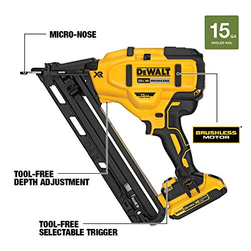 DEWALT 20V MAX Finish Nailer Kit, Angled, 15GA, Battery, Charger & Bag (DCN650D1)