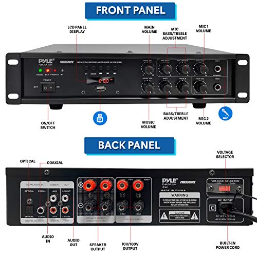 Pyle Bluetooth Home PA Mixing Amplifier - 500W Home Audio Rack Mount Stereo Power Amplifier Receiver w/FM Radio, Digital LED Display, USB/AUX/Mic, Optical/Coaxial, AC-3, 70V/100V Output - PMX3500PH