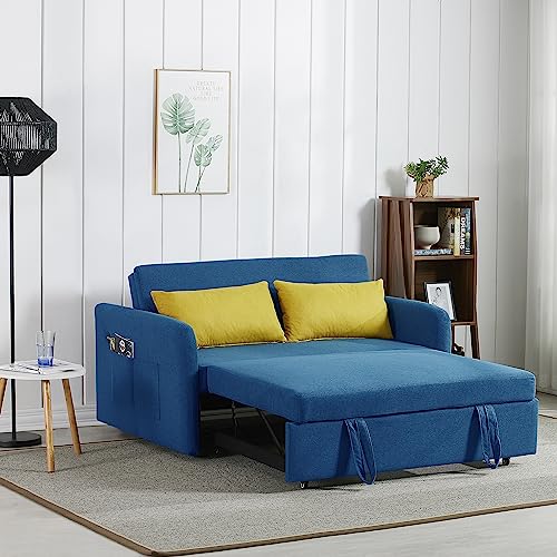 FIQHOME 55.5" USB Ports and Side Pockets,3 in 1 Multi-Functional Convertible Sleeper 2 Lumbar Pillows,Loveseat Sofa with Pull Out Bed,for Living Room, Apartment(Blue)